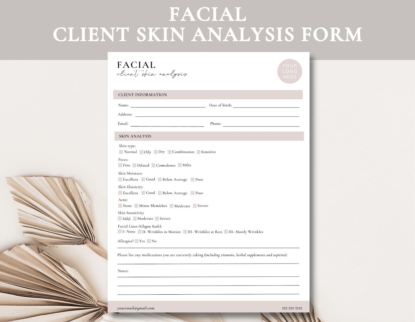 Facial Client Skin Analysis Form | Facial Client Intake Form | Client ...