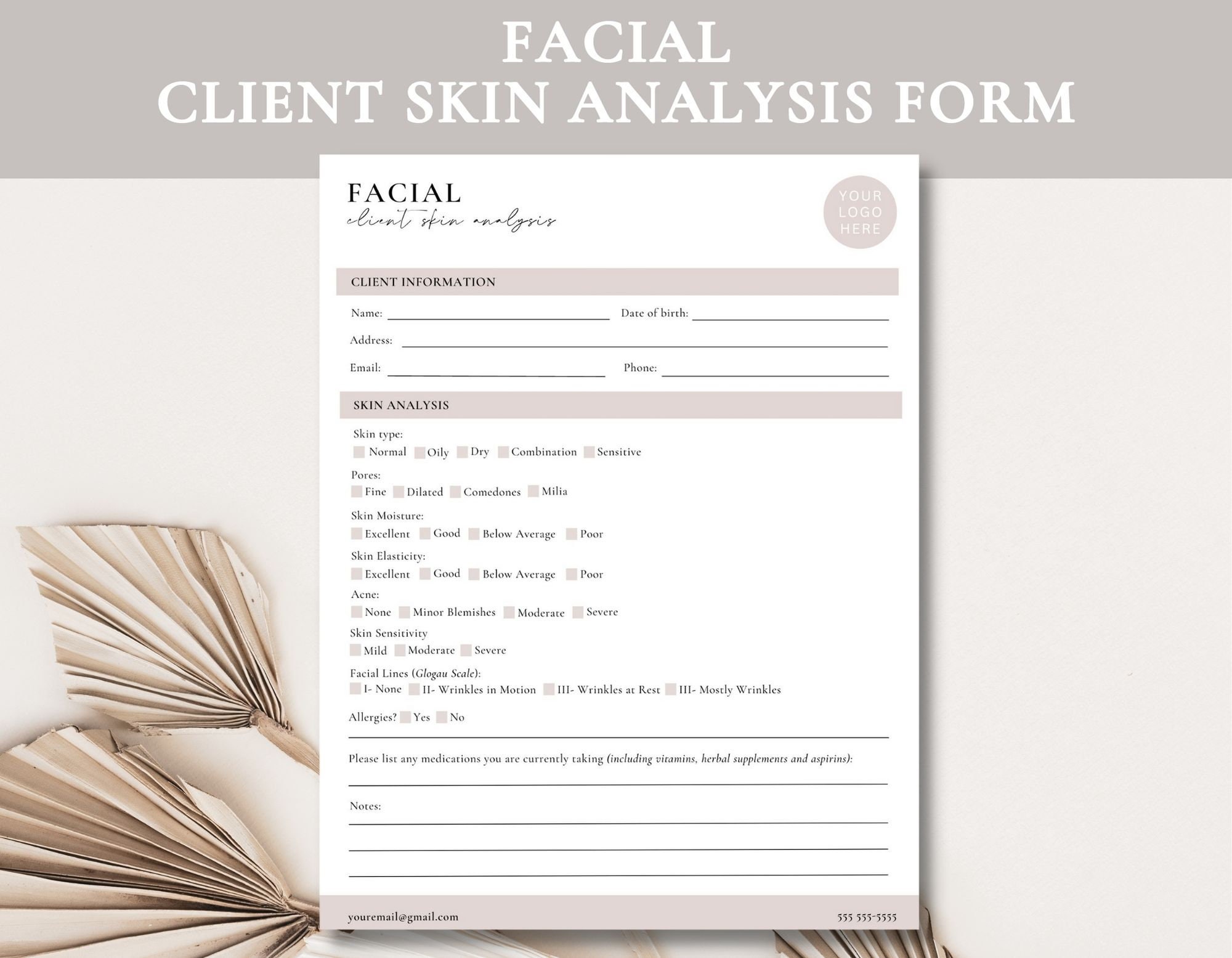 Facial Client Skin Analysis Form | Facial Client Intake Form | Client ...