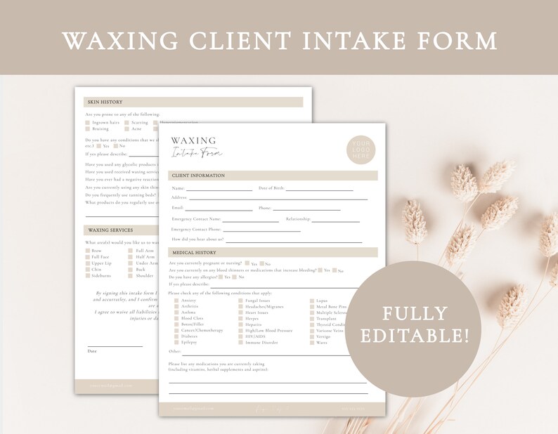 Editable Waxing Treatment Forms | Editable Waxing Client Intake Form ...