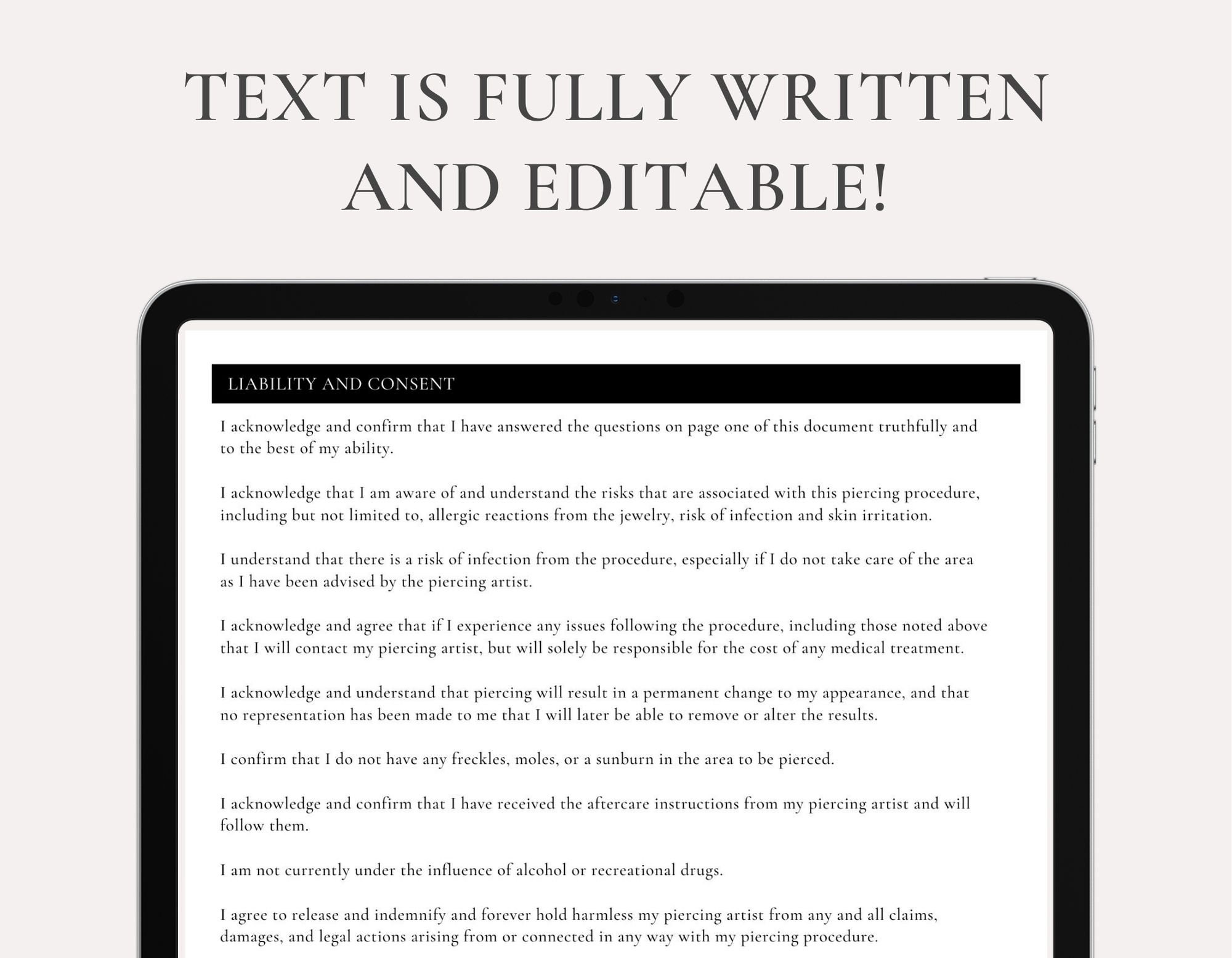 Piercing Client Intake and Consent Form Ear Piercing Form Template Body ...