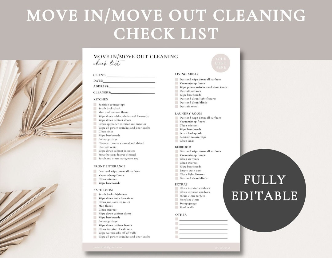 Move in and Move Out Cleaning Check List Template | Editable Cleaning ...