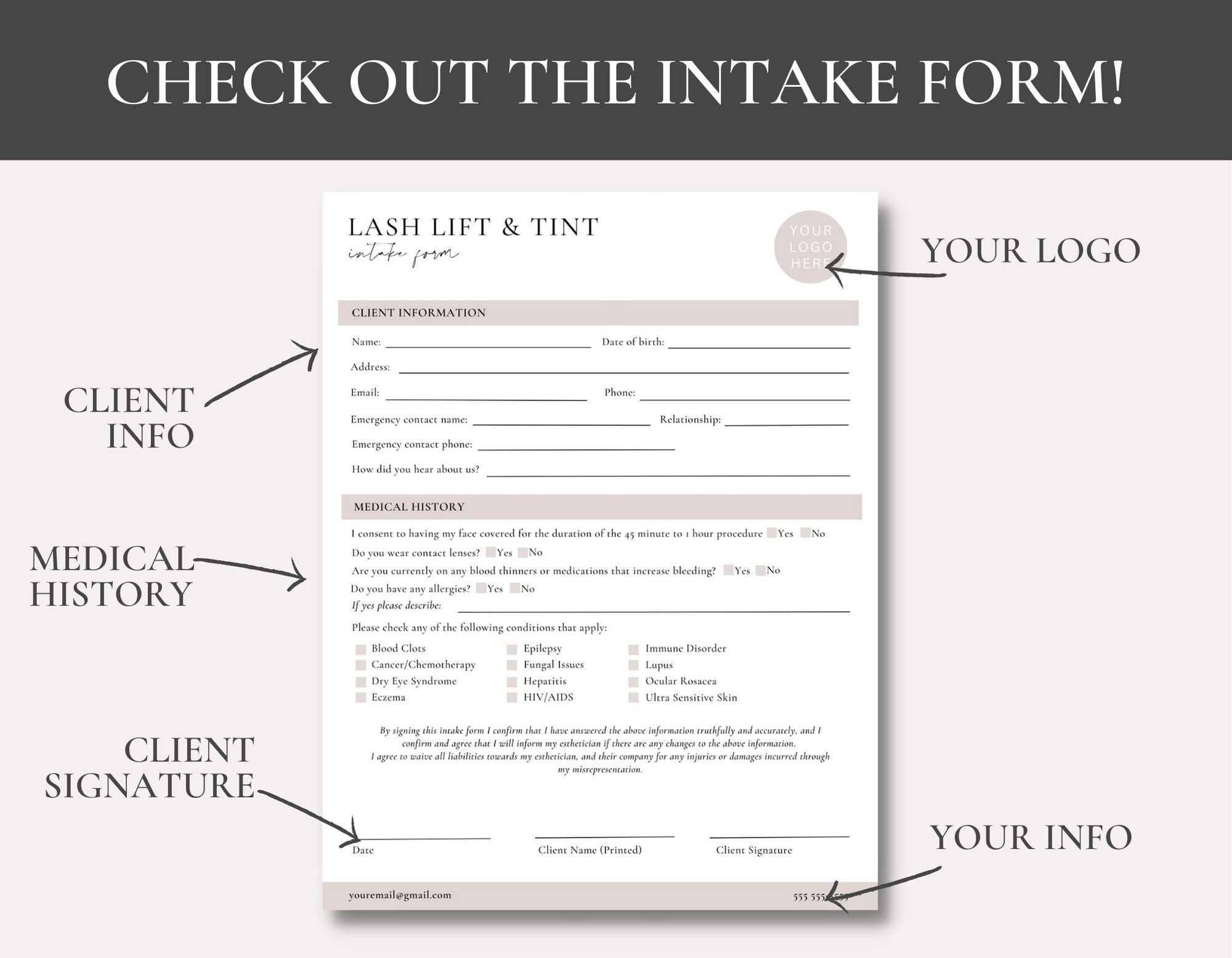 Lash Lift and Tint Client Intake and Consent Form | Editable Lash Lift ...