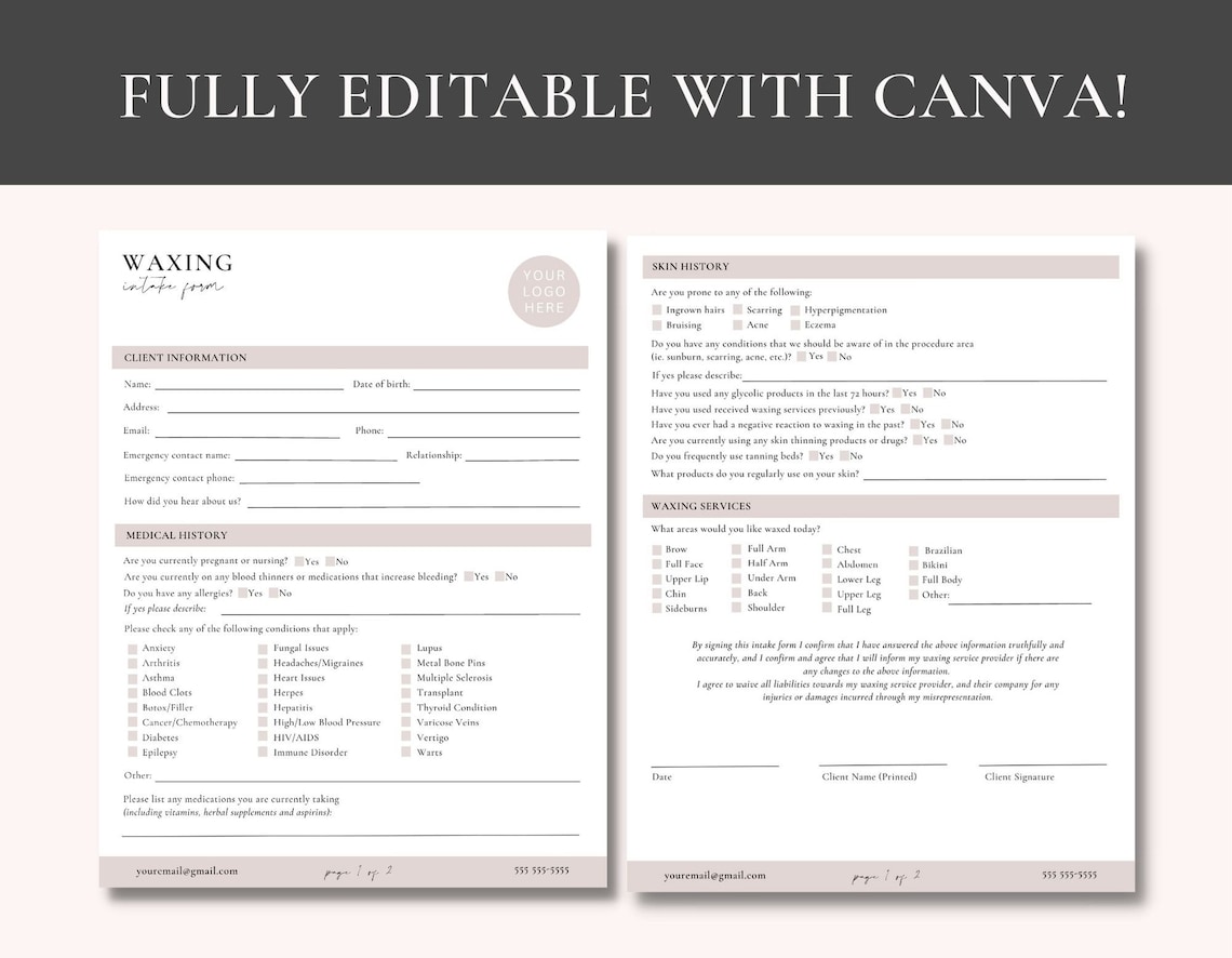 Editable Waxing Treatment Forms Editable Waxing Client Intake Form ...
