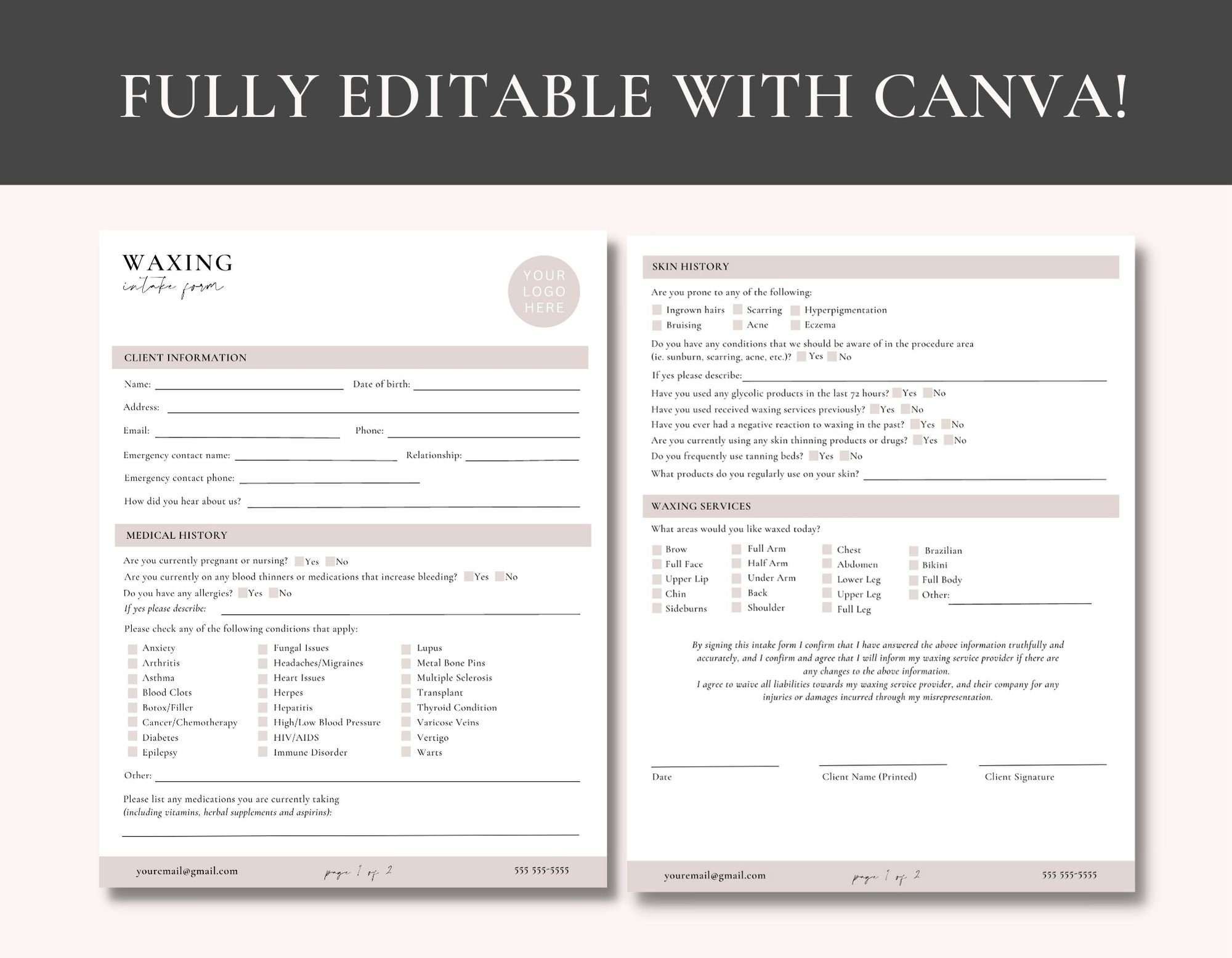 Editable Waxing Treatment Forms Editable Waxing Client Intake Form ...