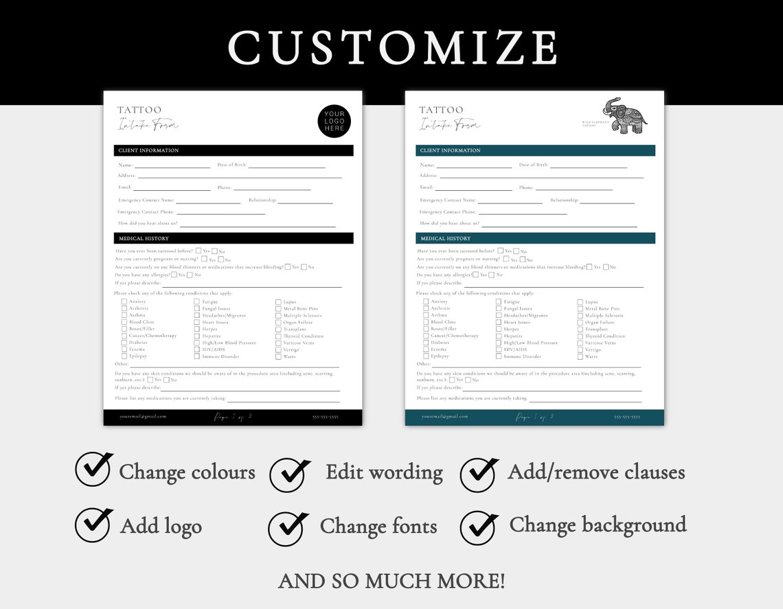Tattoo Intake Form Tattoo Consent Form Tattoo Artist Forms - Etsy Canada