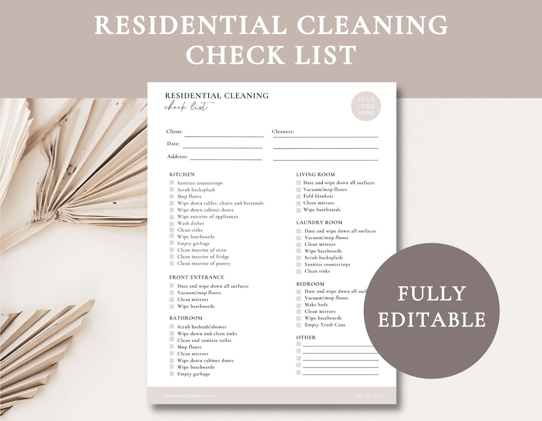 Residential Cleaning Check List | Editable House Cleaning Check List ...