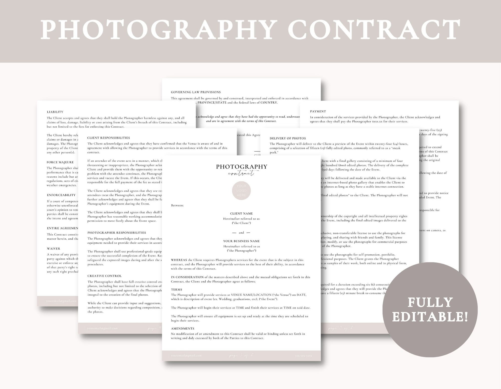 Photography Contract Template Wedding Photography Contract Editable ...