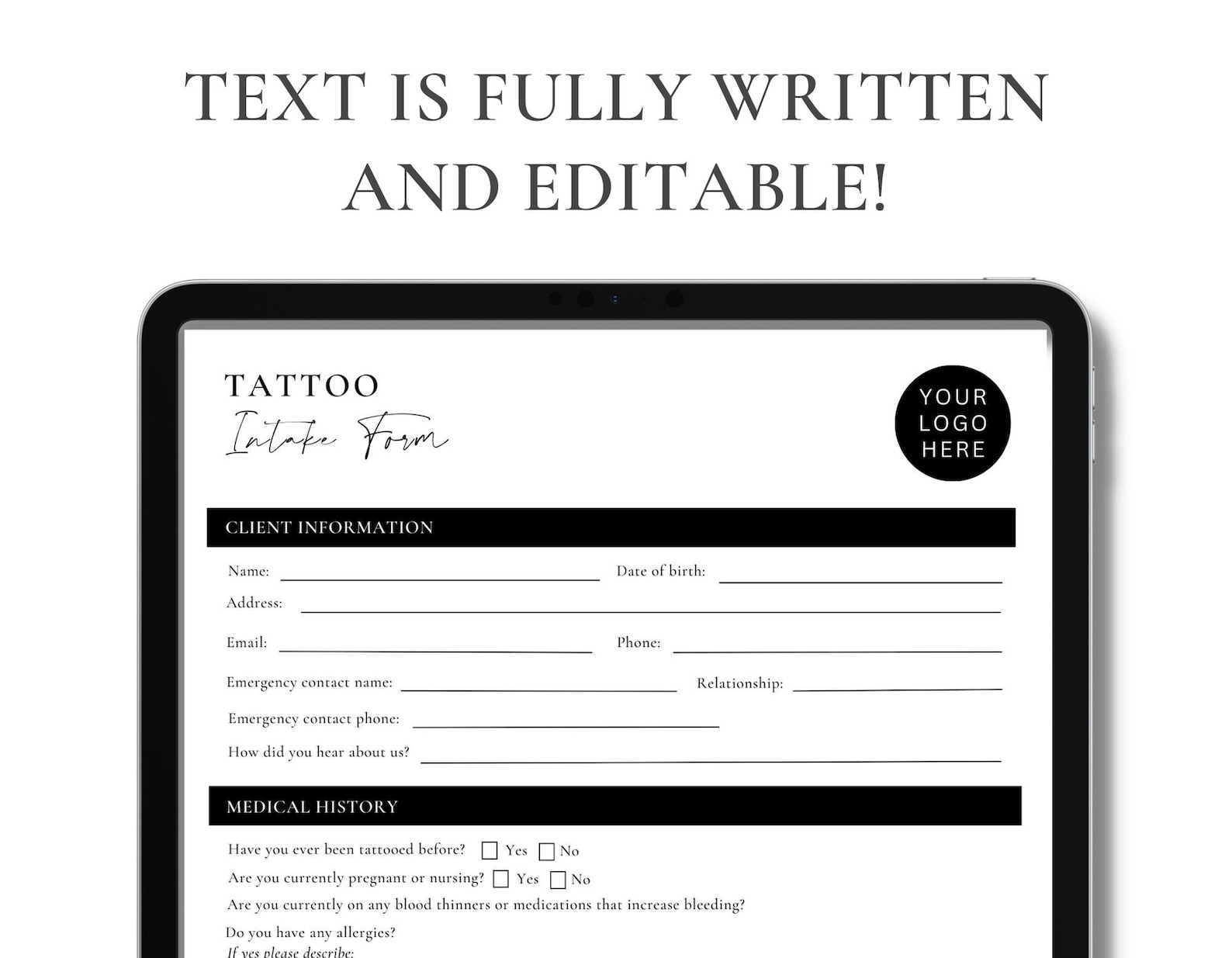 Tattoo Intake Form Tattoo Consent Form Tattoo Artist Forms - Etsy Canada