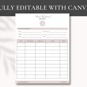 Client Treatment Record Template Editable Esthetician Treatment Record ...