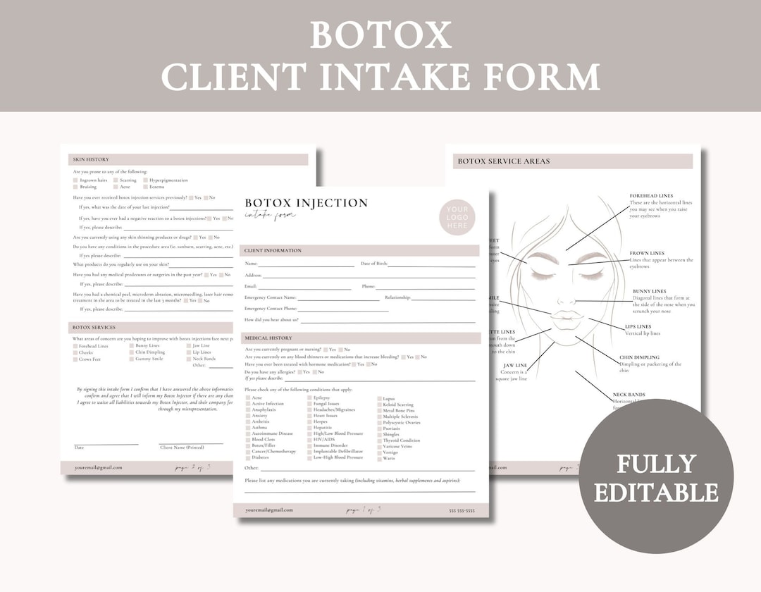 Botox Injection Client Intake and Consent Form | Editable Botox Form ...
