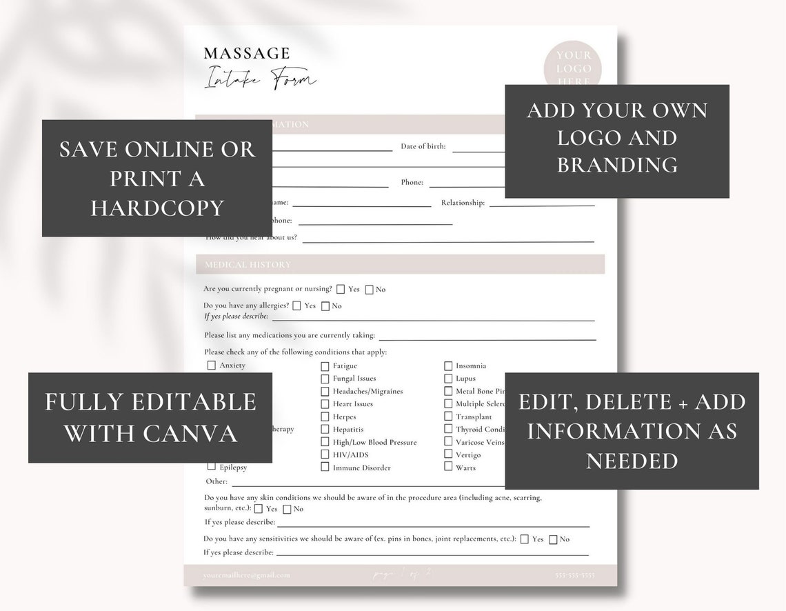 Massage Client Intake Form Editable Client Intake Form Massage Client ...