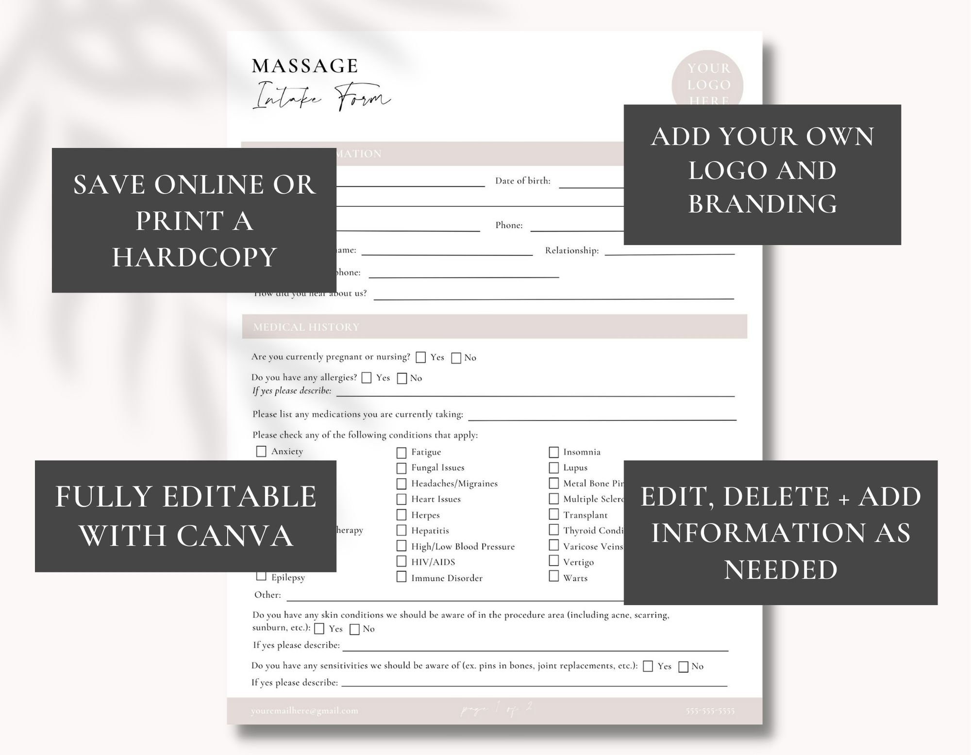 Massage Client Intake Form | Editable Client Intake Form | Massage ...
