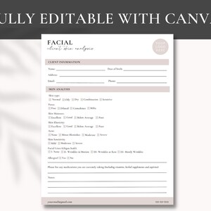 Facial Client Skin Analysis Form | Facial Client Intake Form | Client ...