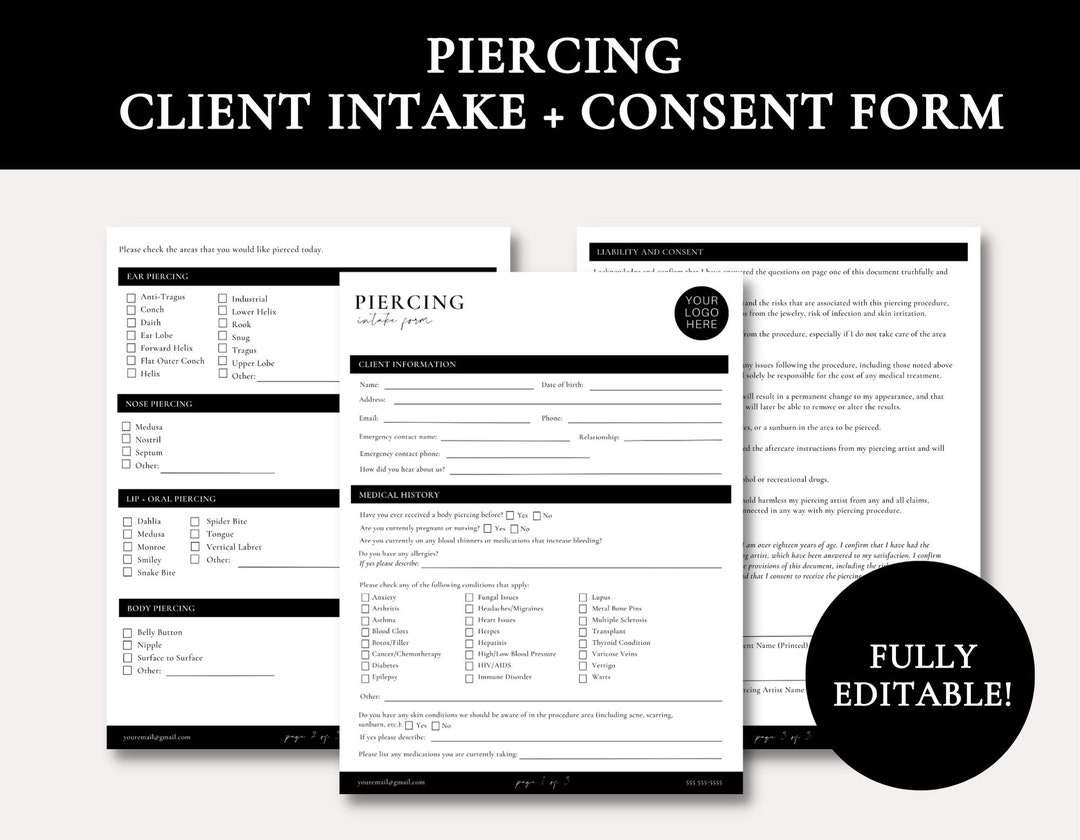 Piercing Client Intake and Consent Form | Ear Piercing Form Template ...
