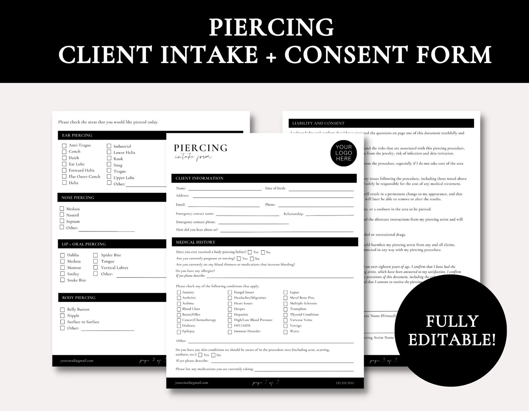 Piercing Client Intake and Consent Form Ear Piercing Form Template Body ...