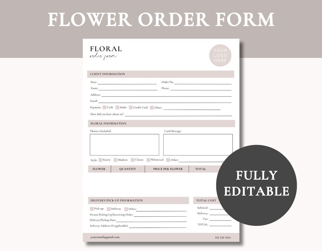 Flower Order Form for Florist Document Template Editable Order Form ...