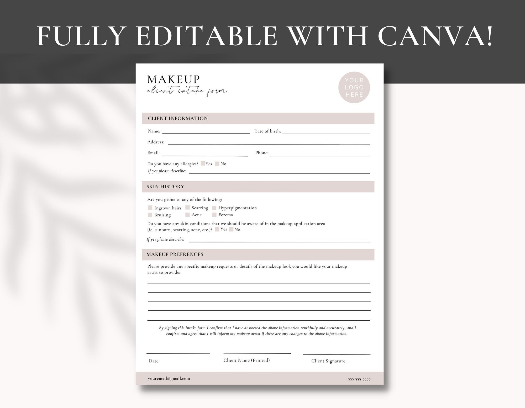 Makeup Artist Client Intake Form | Makeup Client Form | Makeup Artist ...