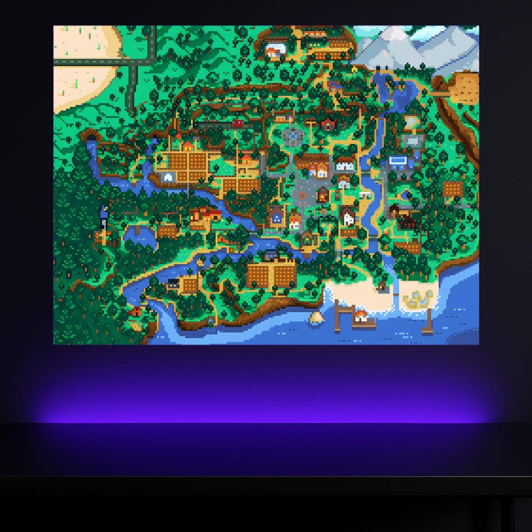 Pixel Village Map Poster - Cozy Retro Game Room Decor - Farming Sim ...