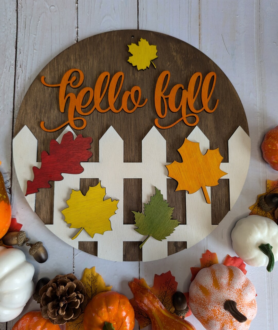 Hello Fall Wooden Round Sign: Autumn Door Decor - Etsy
