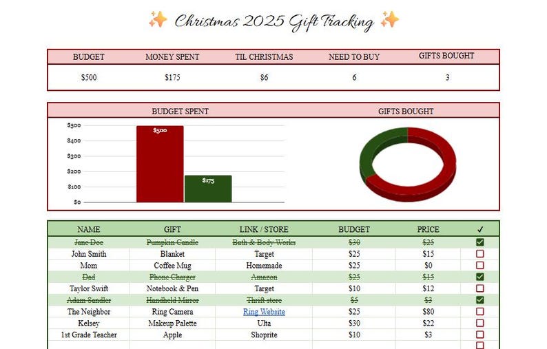 Digital Google Sheets and Microsoft Excel Christmas Gift Shopping ...