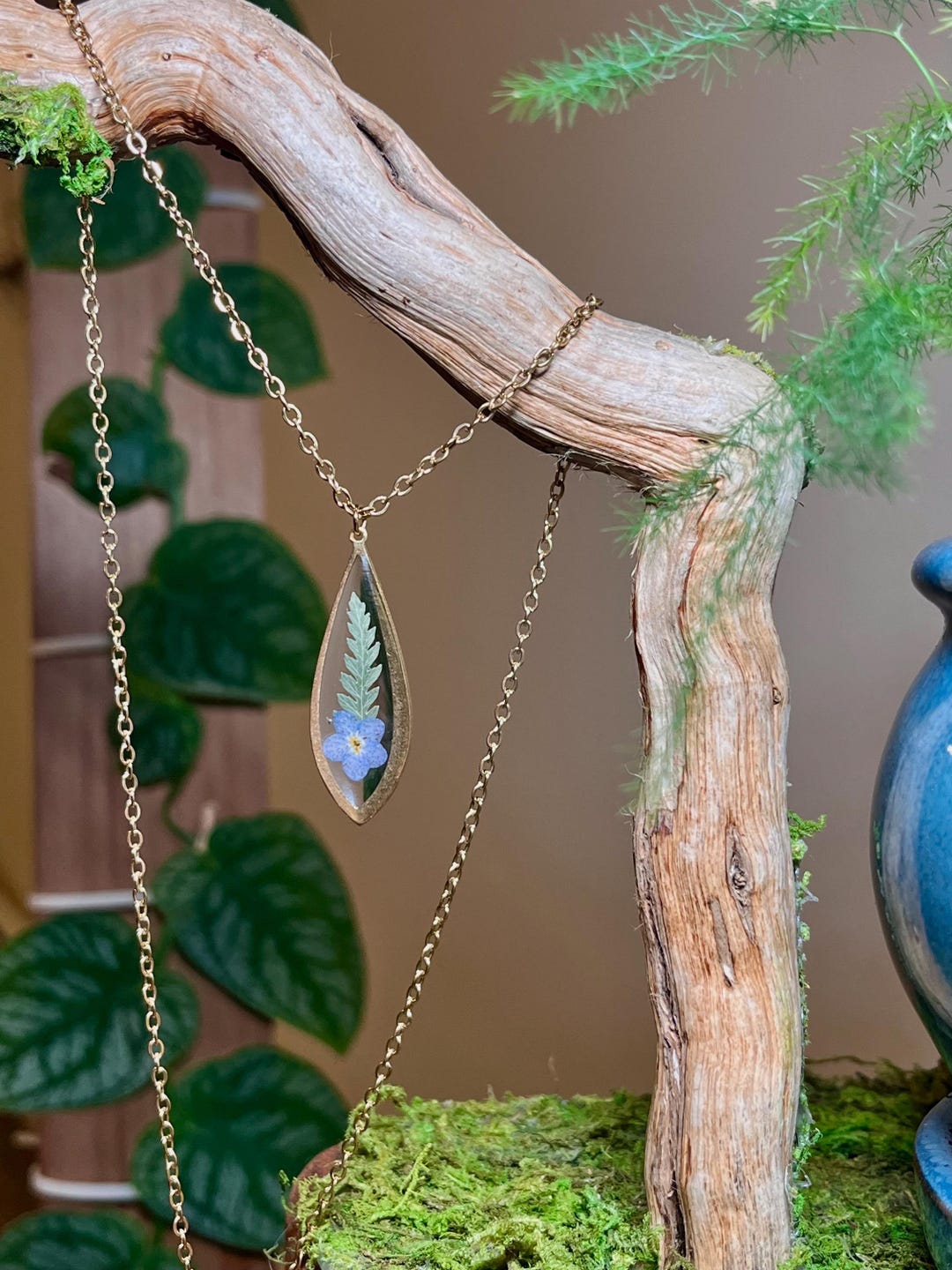 Real Fern & Forget Me Not Flower Necklace - Handmade in Maine - Etsy