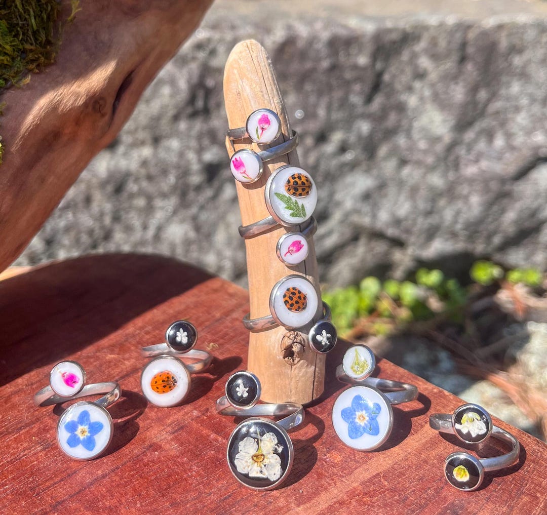 Real Flower & Insect Rings - (7 Styles) - Adjustable - Stainless Steel ...