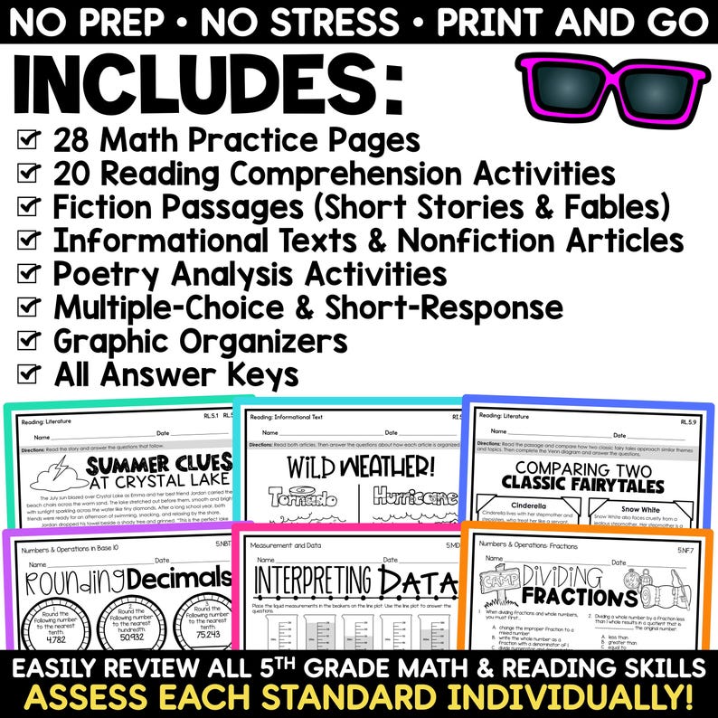 5th Grade Summer Math and Reading Bundle, Common Core Review Worksheets ...