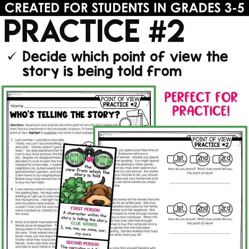 Point of View Anchor Chart, Worksheets, Printables, Short Stories for ...