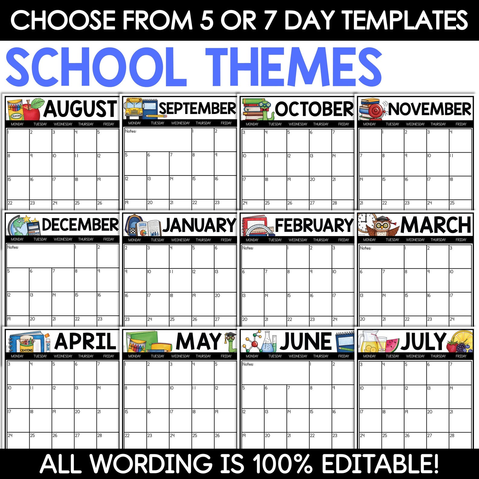 Teacher Calendar 2024-2025 | EDITABLE Monthly Calendar Templates ...
