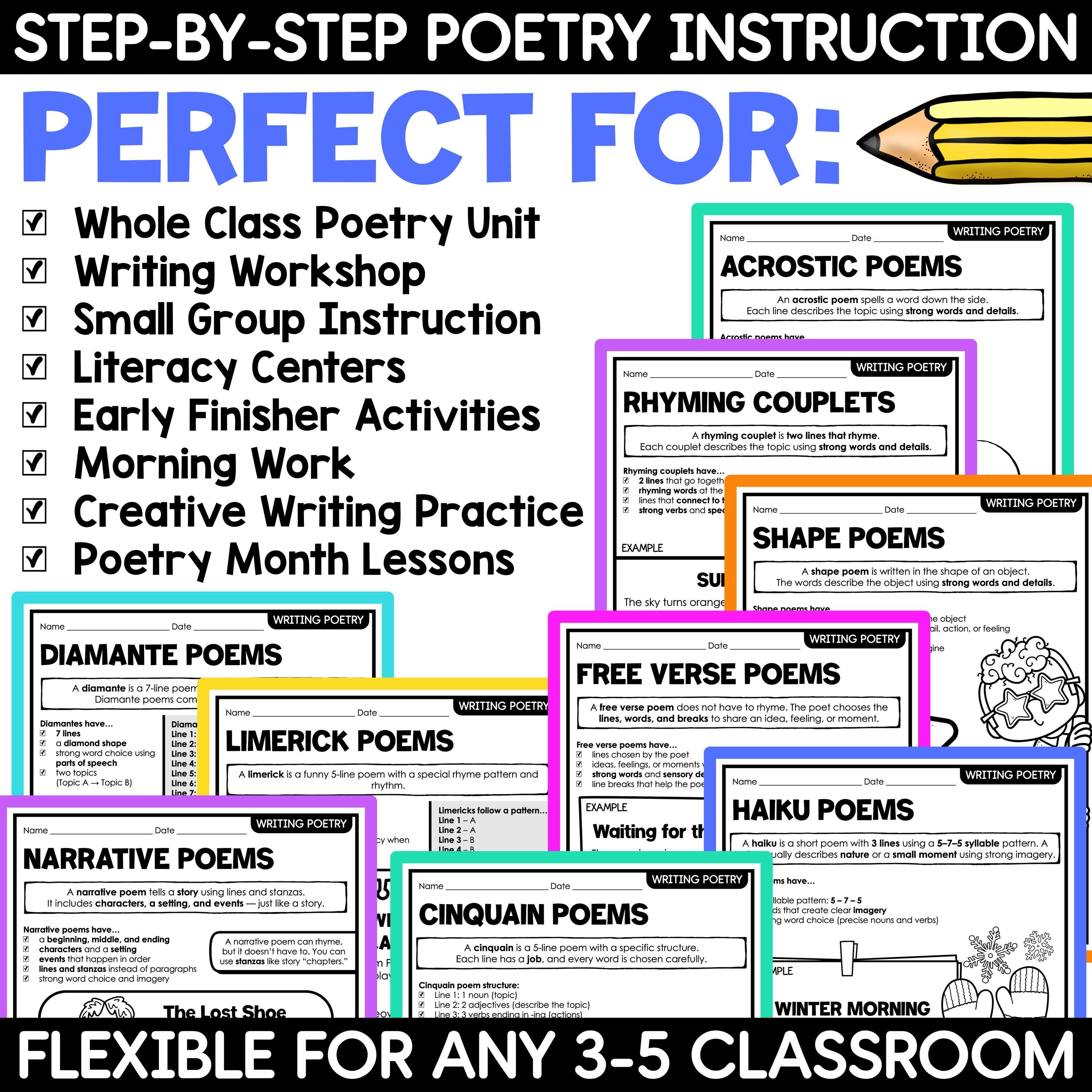 Poetry Writing Unit Grades 3-5 | Elements & Types of Poems | Lessons ...
