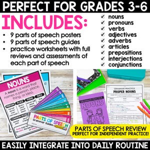 Parts of Speech Posters for Classroom Elementary, Grammar Worksheets ...
