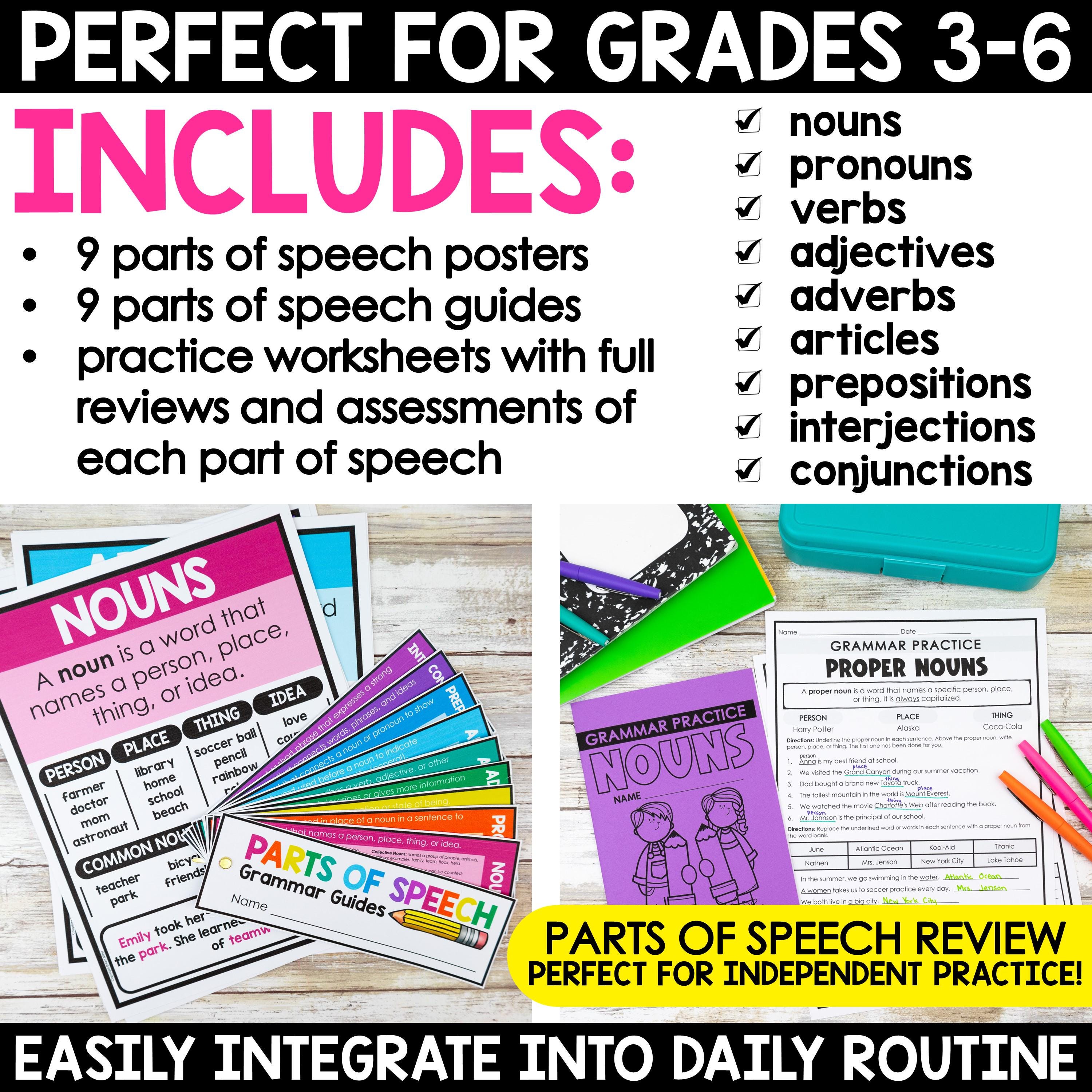 Parts of Speech Posters for Classroom Elementary, Grammar Worksheets ...