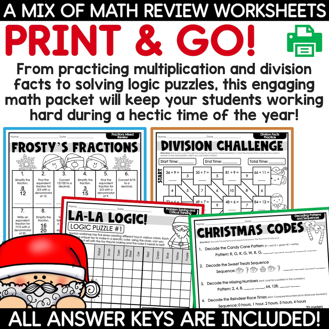 Christmas Math Worksheets for 4th & 5th Grade | No Prep Printable Math ...