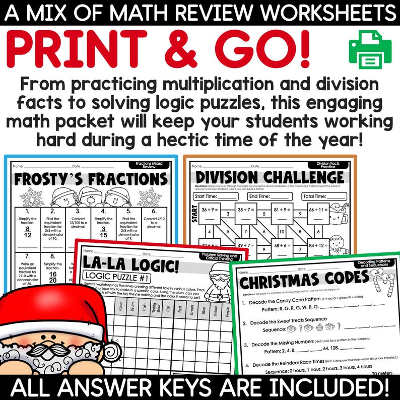 Christmas Math Worksheets for 4th & 5th Grade | No Prep Printable Math ...