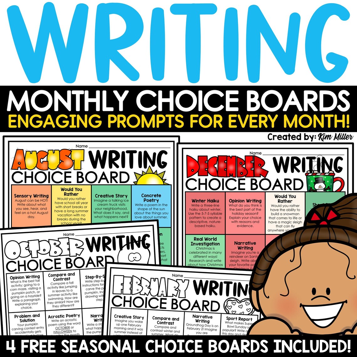 Monthly Writing Prompts for Kids, Choice Boards Printables, Daily ...