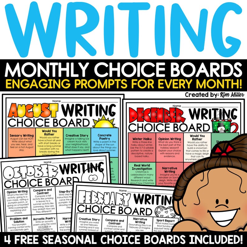 Monthly Writing Prompts for Kids, Choice Boards Printables, Daily ...