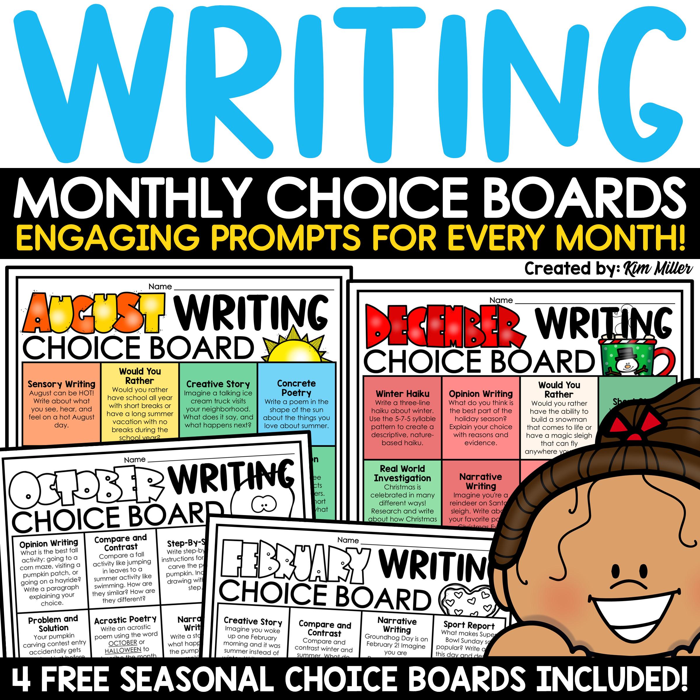 Monthly Writing Prompts for Kids, Choice Boards Printables, Daily ...
