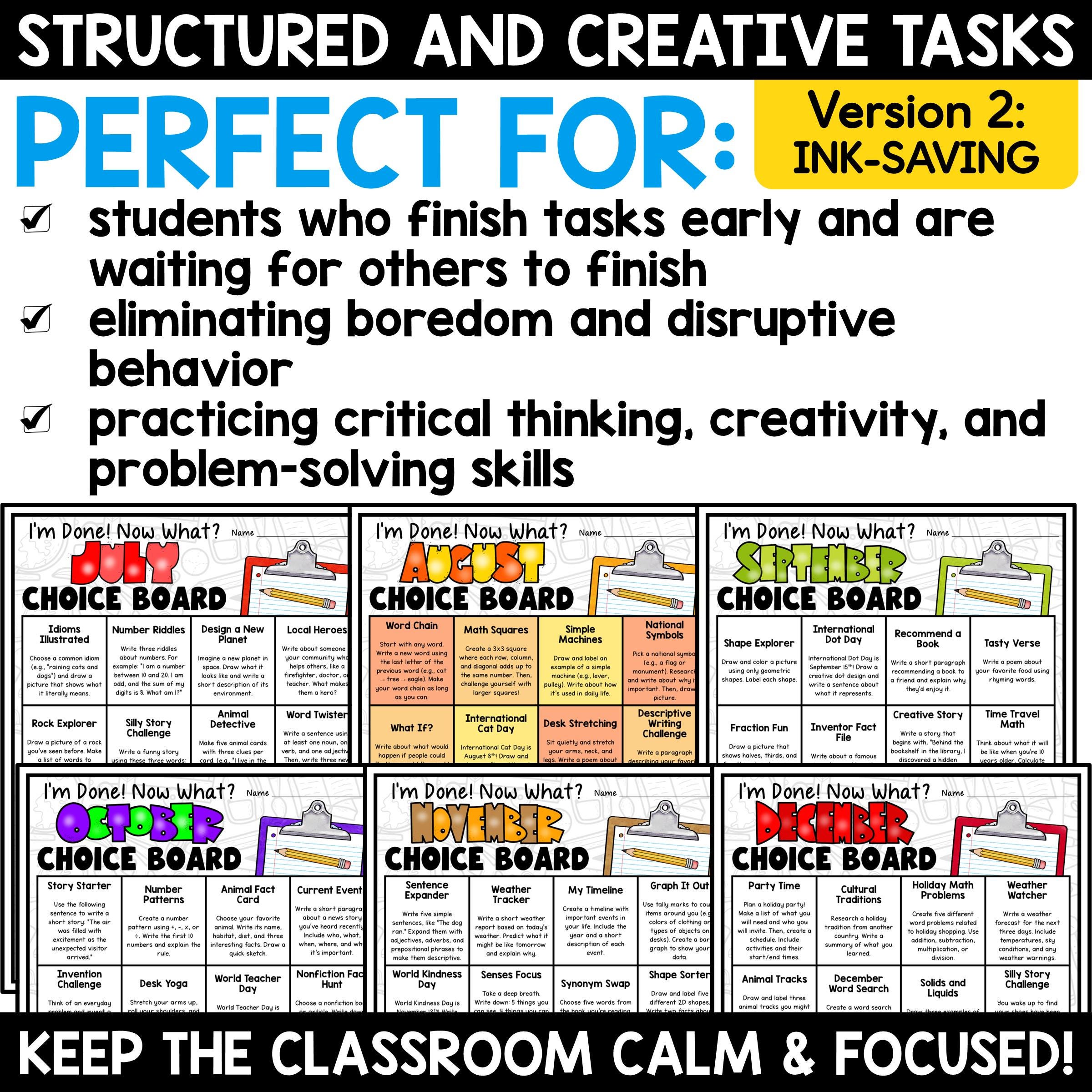 Early Fast Finishers Activities List + Choice Boards | Monthly I'm Done ...