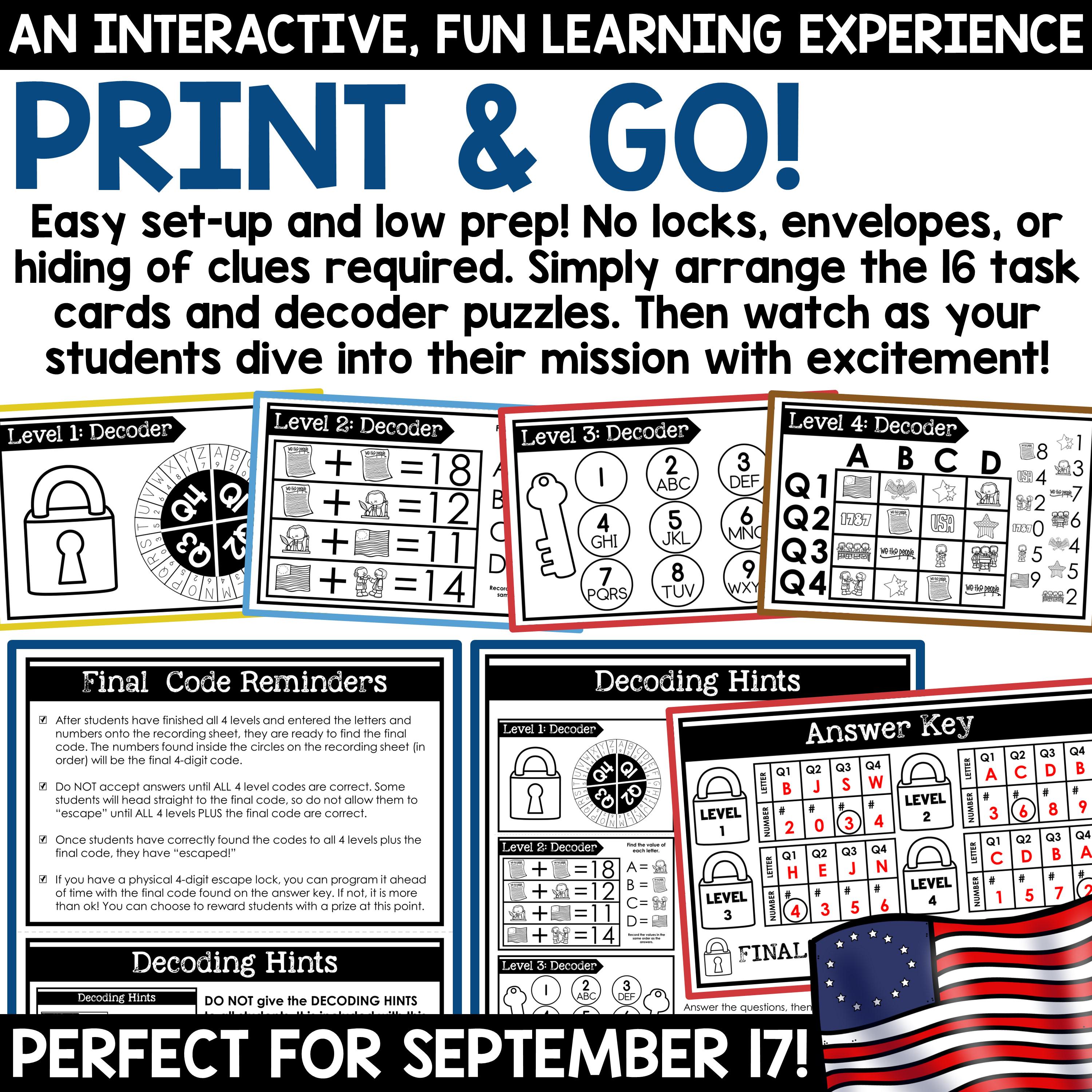 Constitution Day for Kids Escape Room Social Studies Activity, US ...