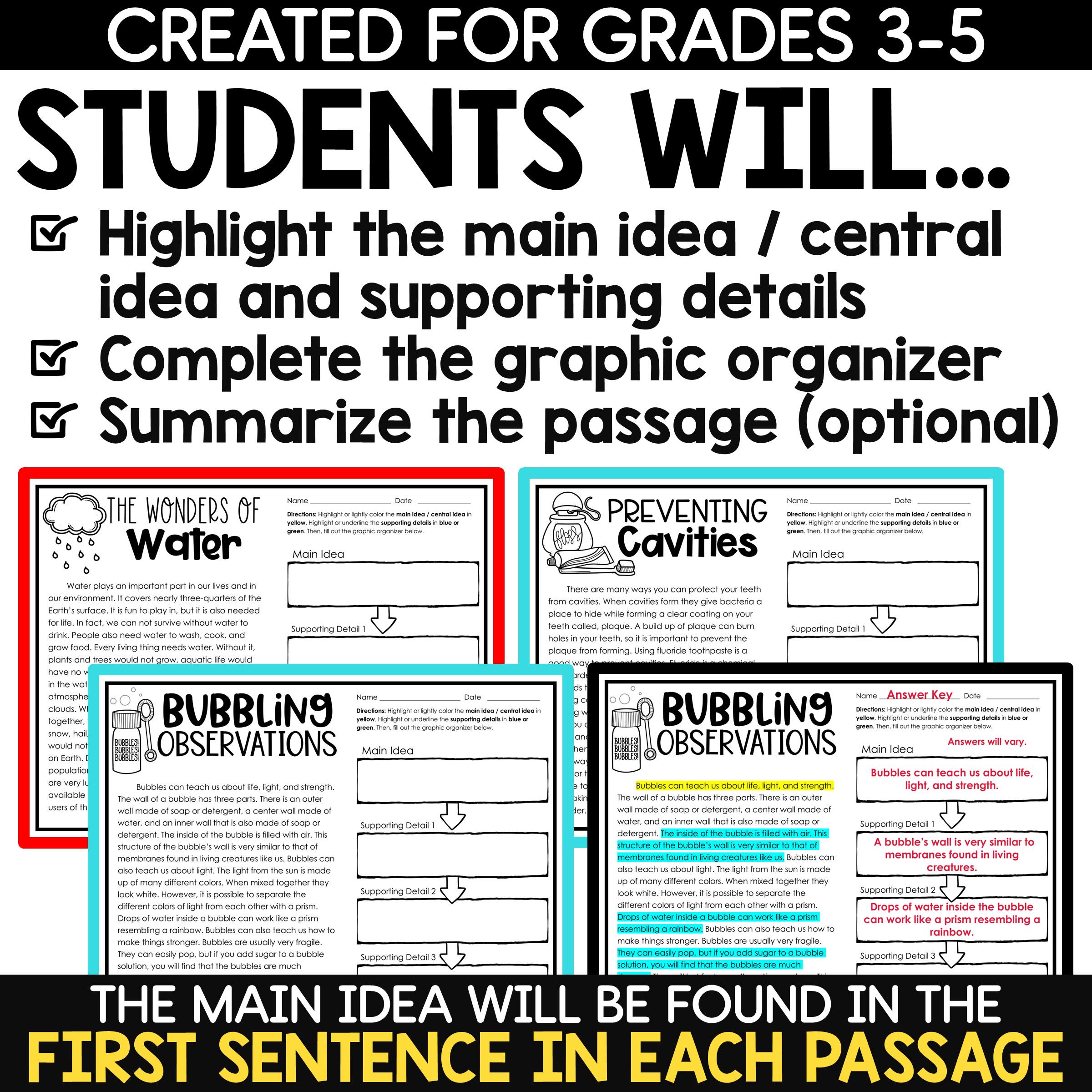 Main Idea and Supporting Details Worksheets 3rd, 4th, 5th Grade ...
