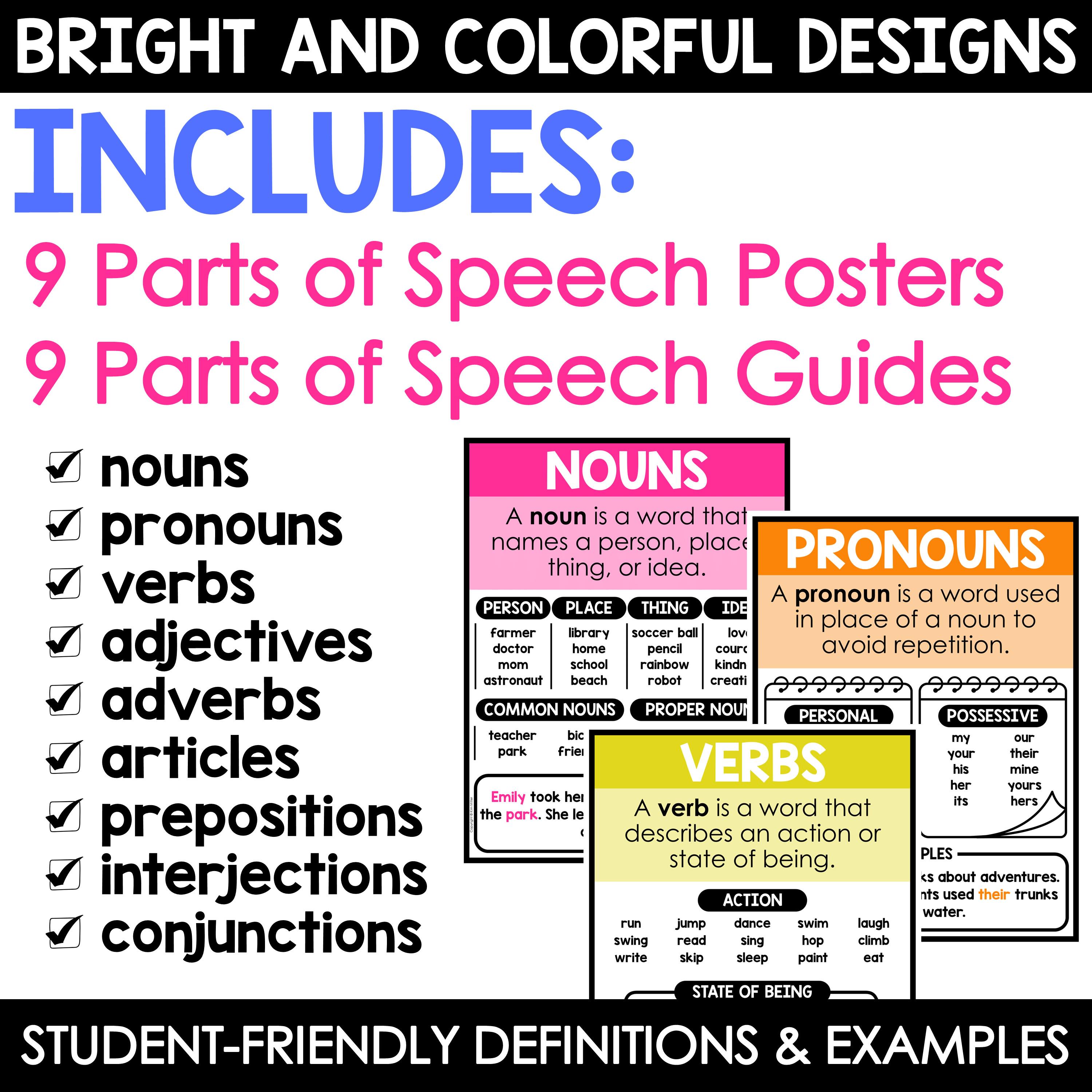 Parts of Speech Posters for Classroom Elementary, Grammar Posters ...