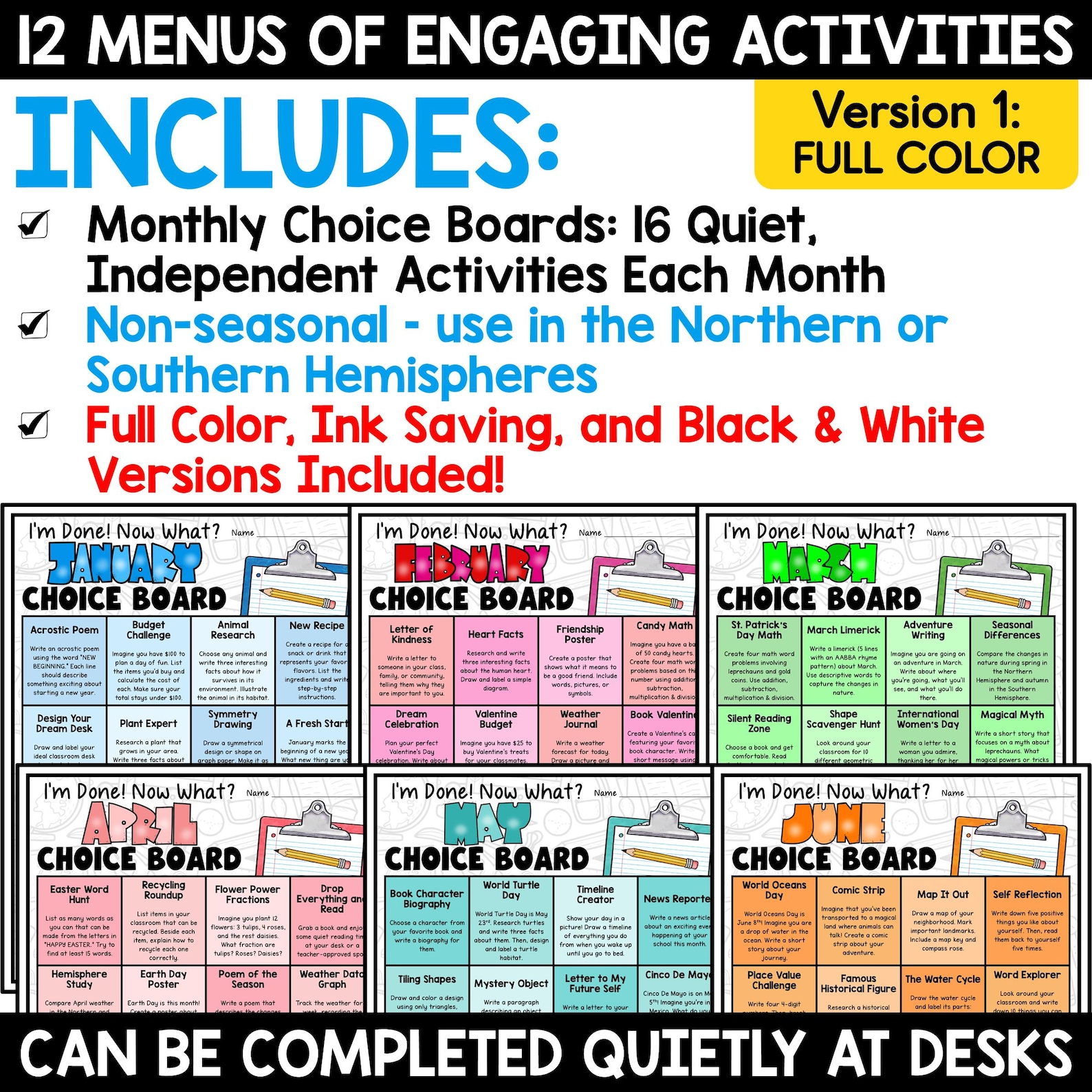 Early Fast Finishers Activities List + Choice Boards | Monthly I'm Done ...