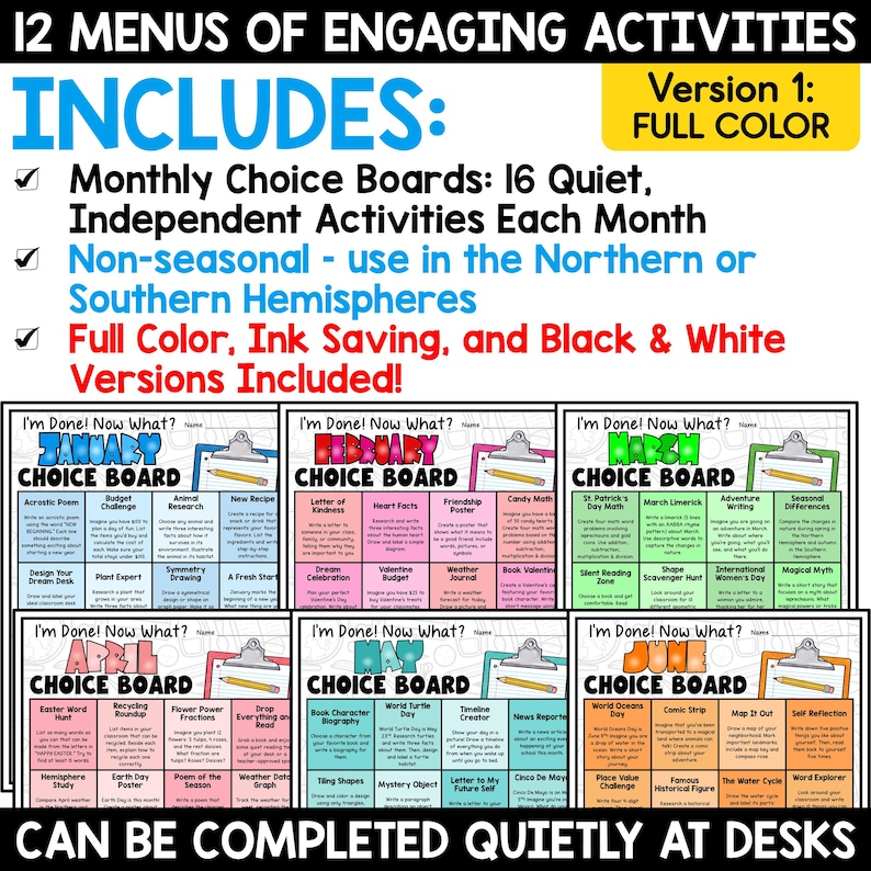 Early Fast Finishers Activities List + Choice Boards | Monthly I'm Done ...