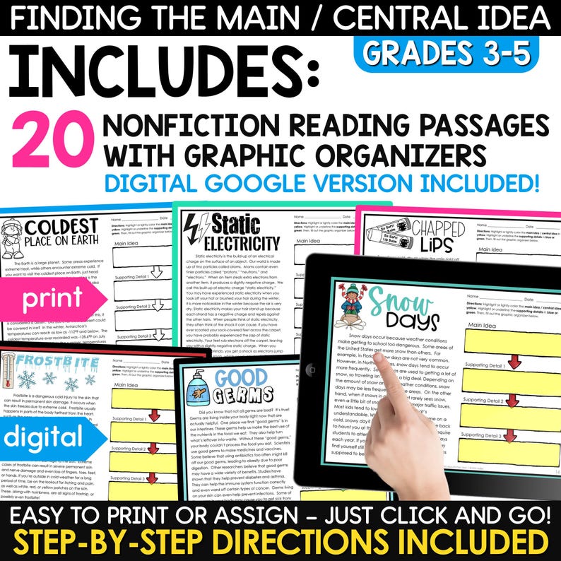 Winter Main Idea Worksheets for 3rd 4th 5th Grade | Teacher Classroom ...