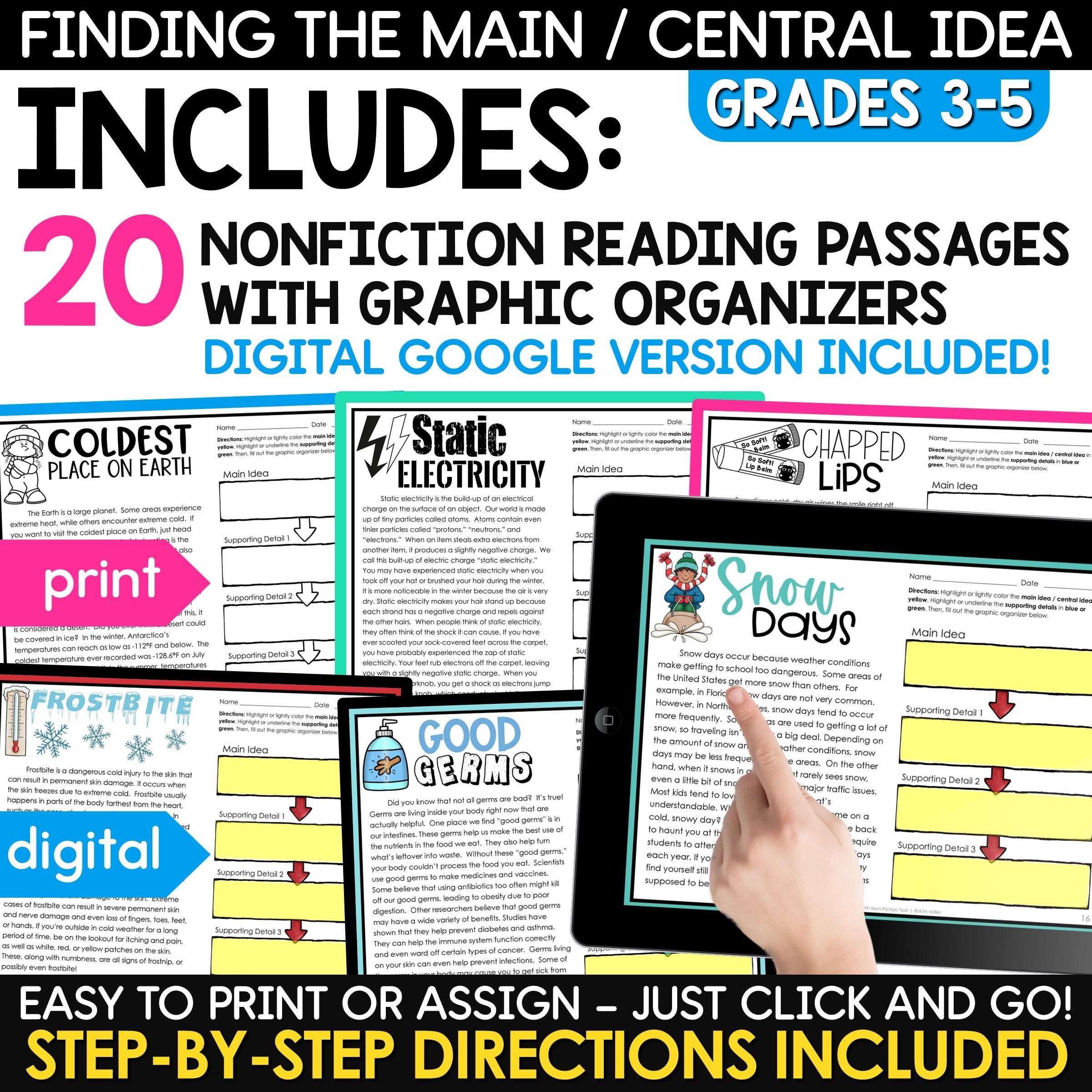 Winter Main Idea Worksheets for 3rd 4th 5th Grade | Teacher Classroom ...