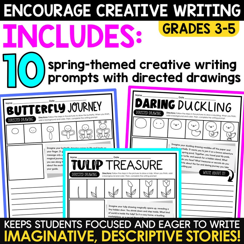 Spring Writing Prompts and Directed Drawing Worksheets for Kids | Draw ...