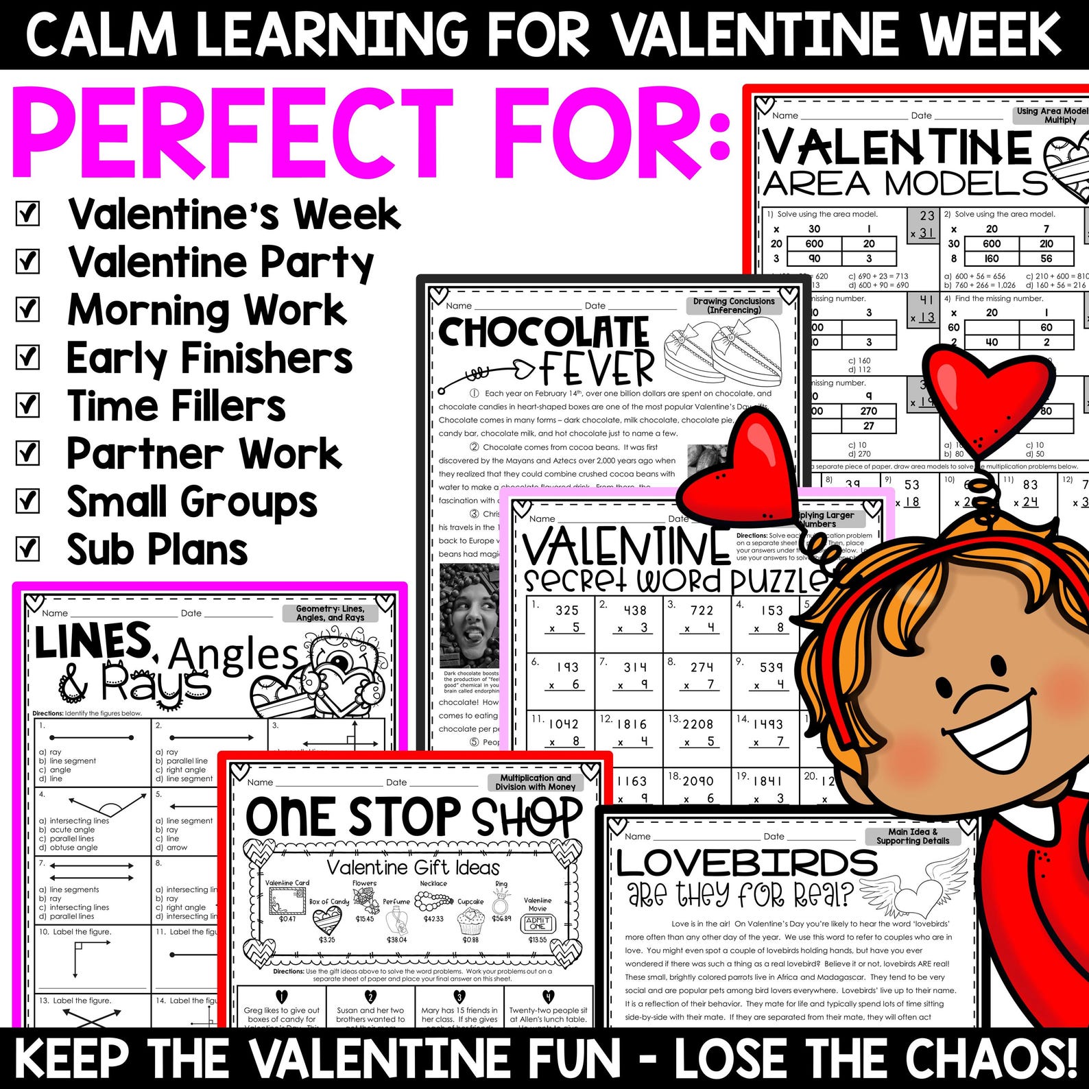 Valentine's Day Math & Reading Activities, 4th 5th Grade (instant ...