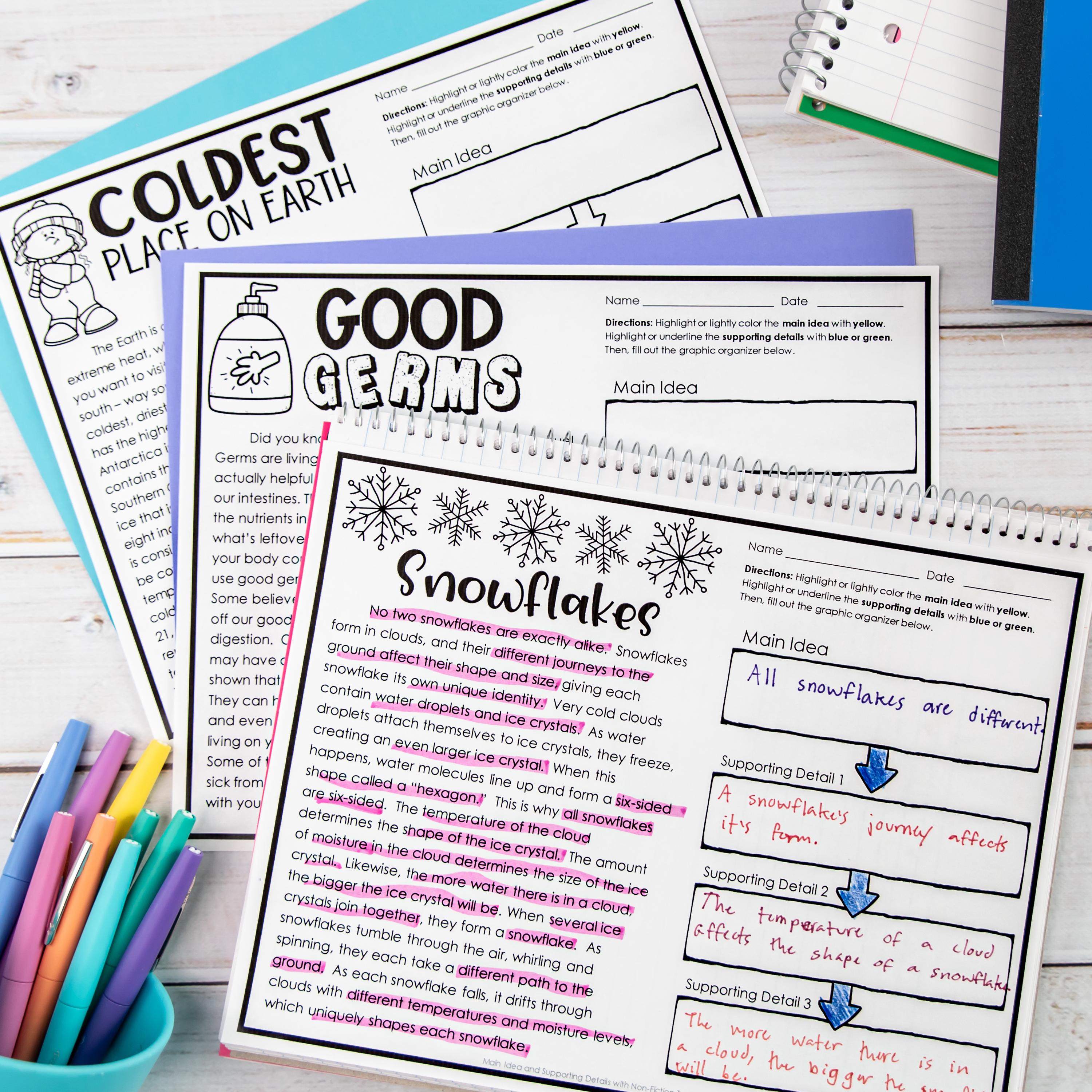 Winter Main Idea Worksheets for 3rd 4th 5th Grade | Teacher Classroom ...