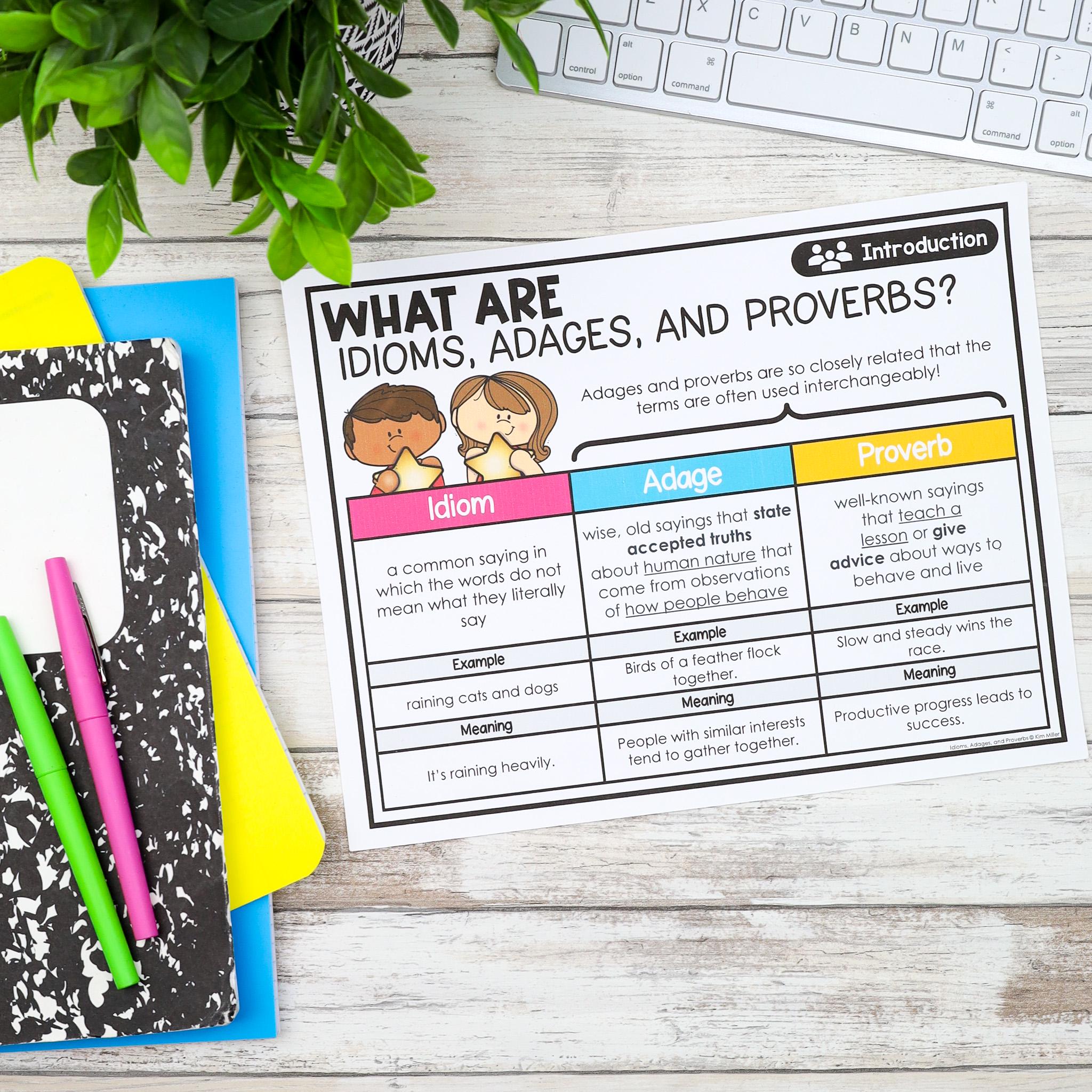 Figurative Language Worksheets & Posters Idioms Adages Proverbs Anchor ...