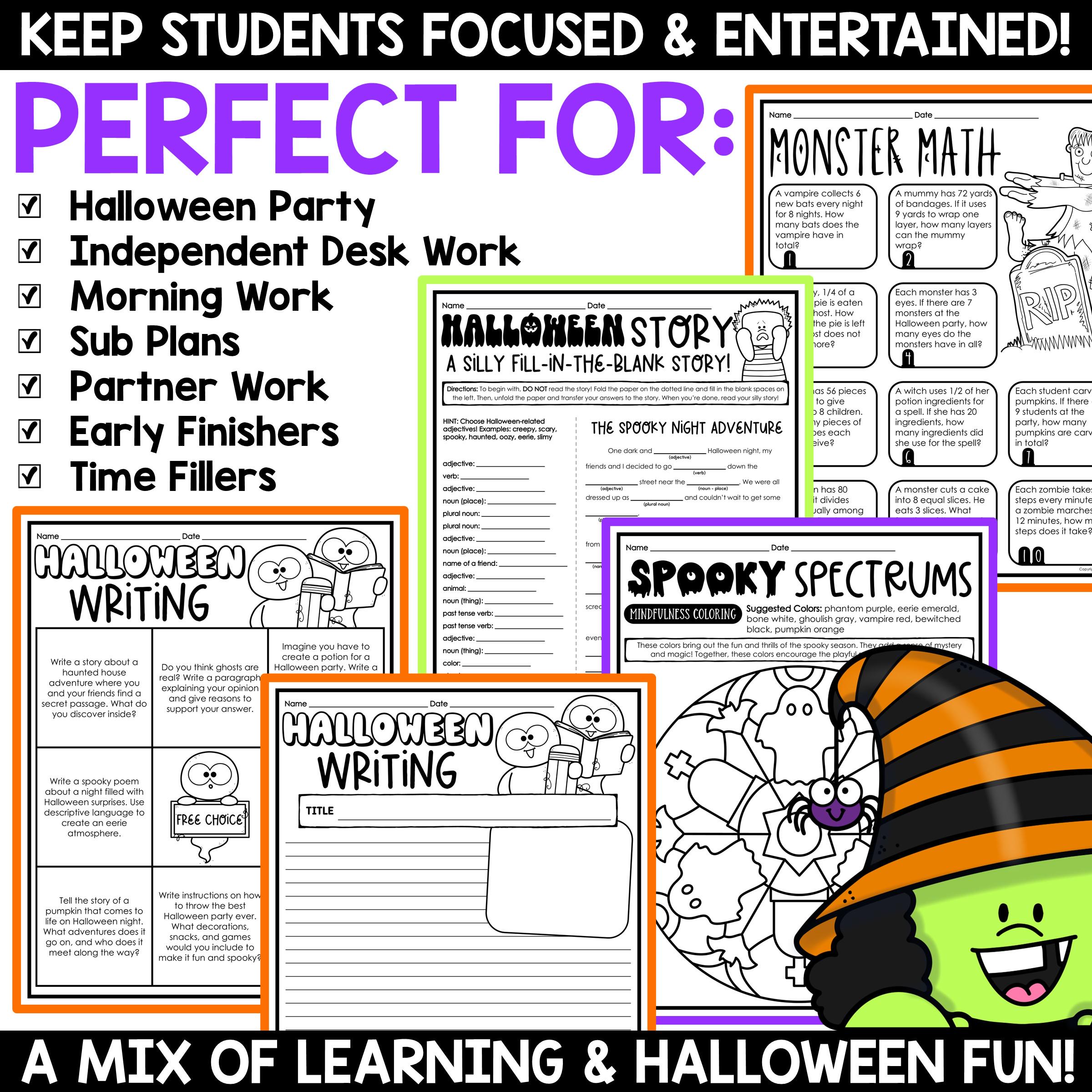 Halloween Fun Activities Packet Math Reading Writing No Prep Worksheets ...